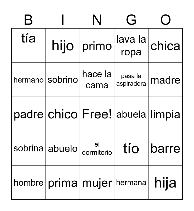La Familia Bingo Card