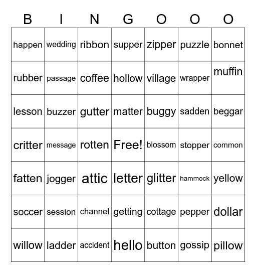 Double Consonants in the Middle Bingo Card