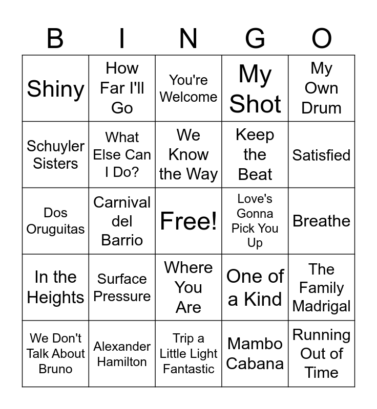 Lin Manuel Miranda Music Bingo Card