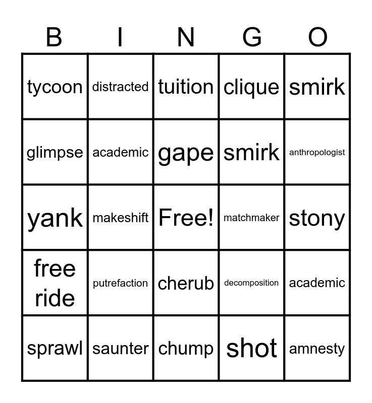 Flying Lessons and Other Stories Vocab 1 Bingo Card