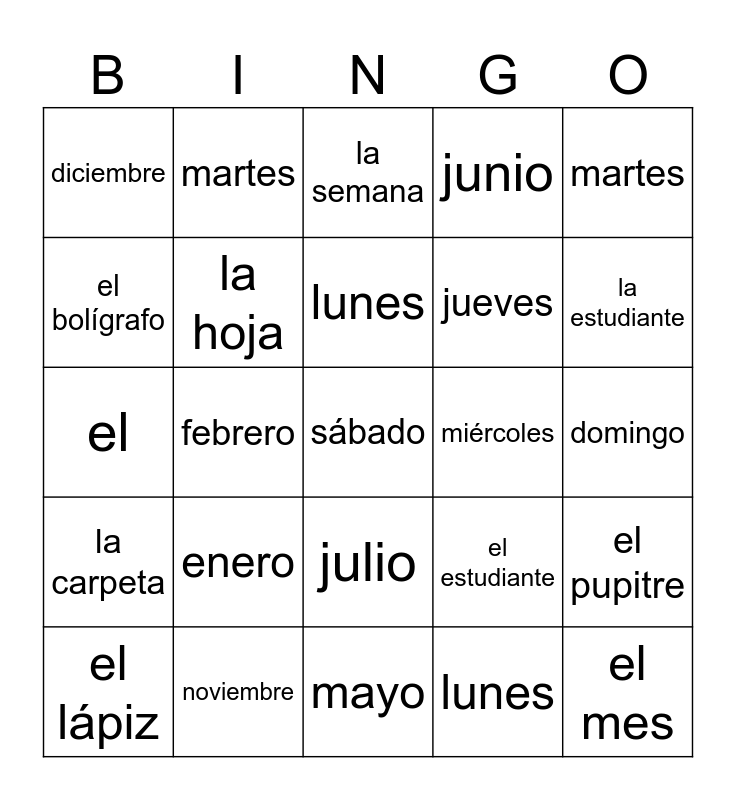 Para empezar 2 - vocabulario Bingo Card