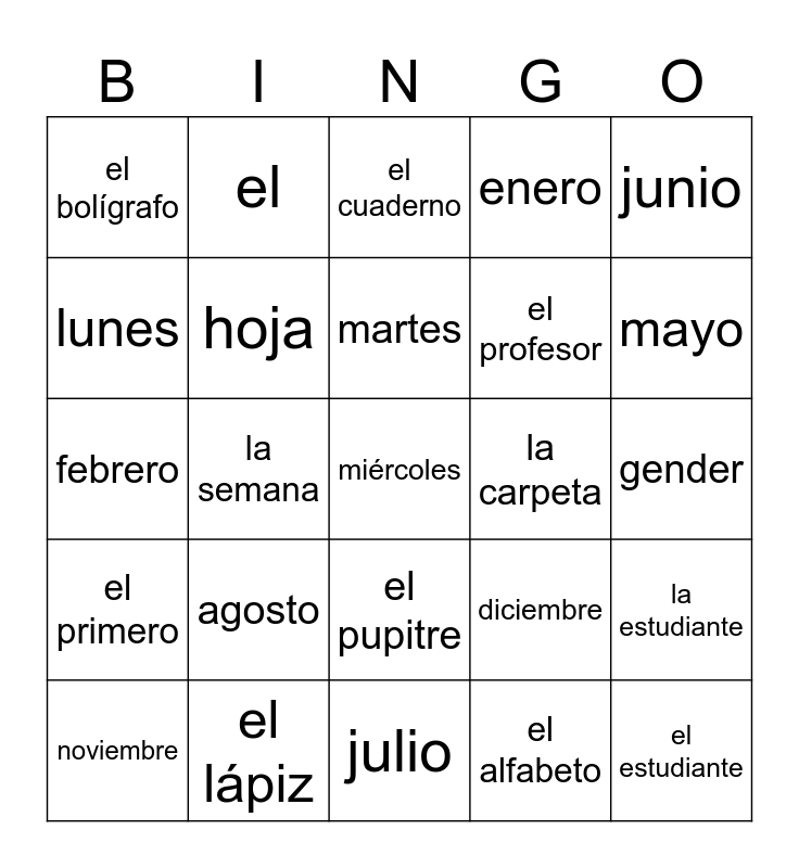 Para empezar 2 - vocabulario Bingo Card