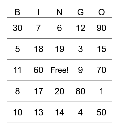 Number Bingo 1-100 Bingo Card