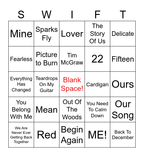 Taylor Swift Bingo Card