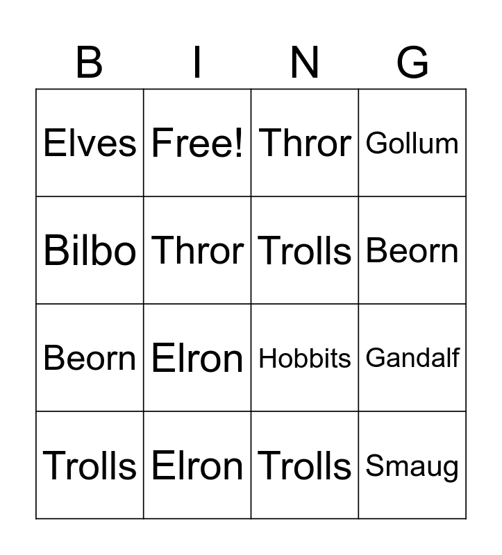 The Hobbit Bingo Card