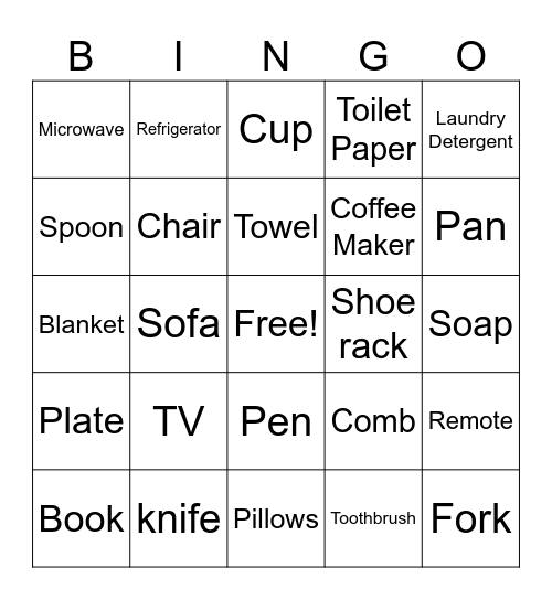 Household Items Bingo Card