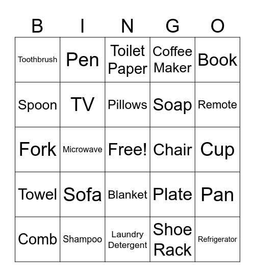 Household Items Bingo Card