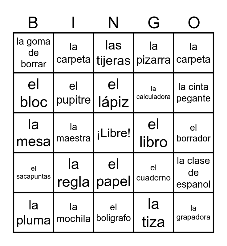 LOS MATERIALES ESCOLARES Bingo Card