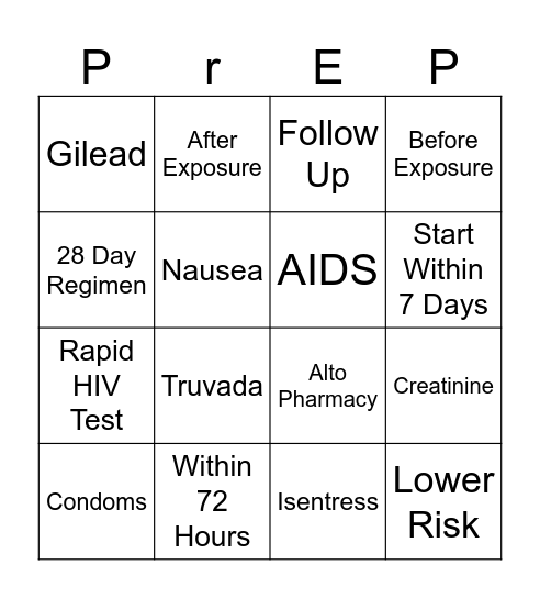 PrEP & nPEP Bingo Card