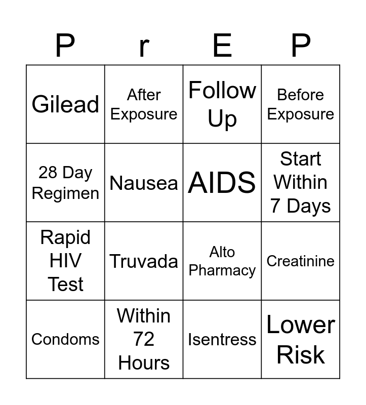 PrEP & nPEP Bingo Card