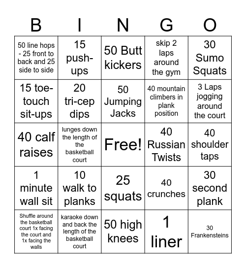 Fitness Bingo Card