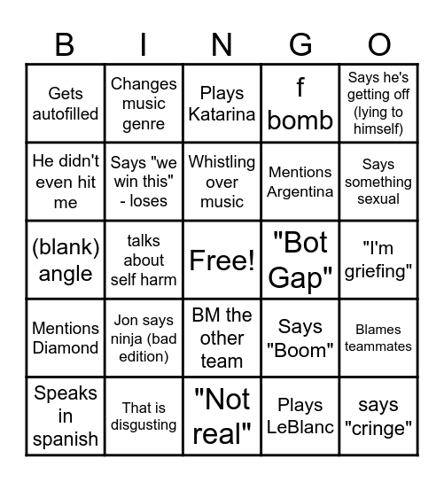 LoL Stream Stuff Bingo Card