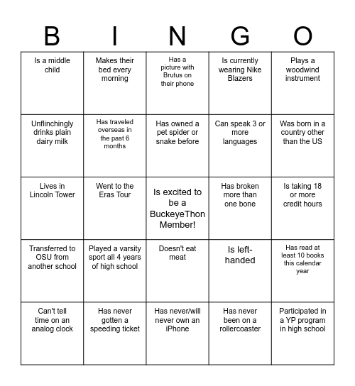 BUCKEYETHON BINGO! Bingo Card