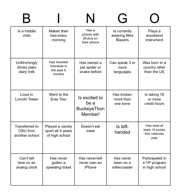 BUCKEYETHON BINGO! Bingo Card
