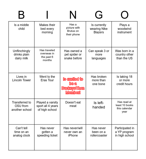 BUCKEYETHON BINGO! Bingo Card