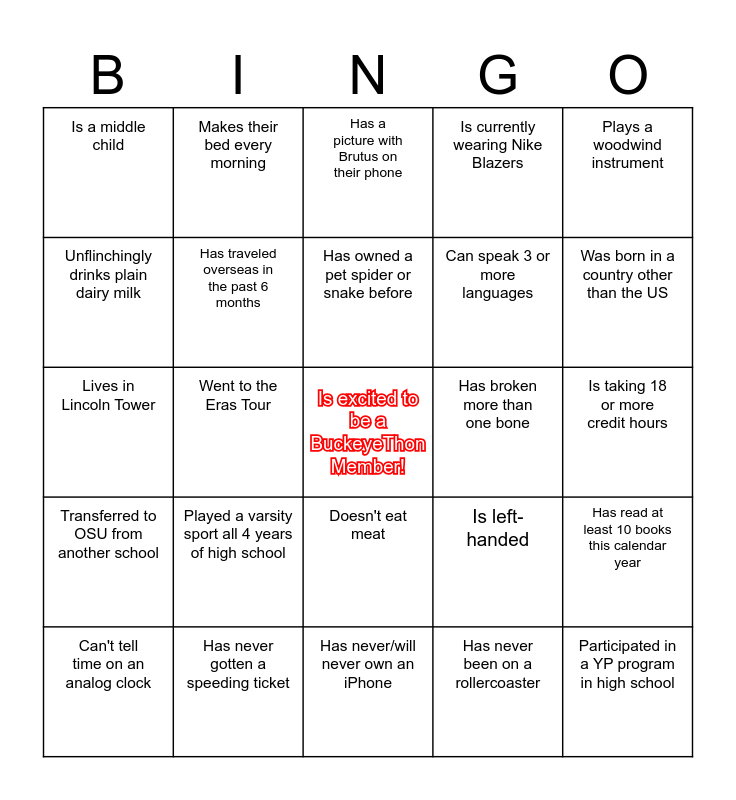 BUCKEYETHON BINGO! Bingo Card
