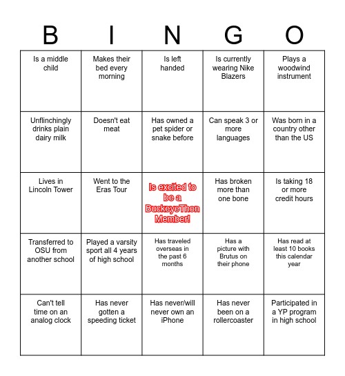 BUCKEYETHON BINGO! Bingo Card