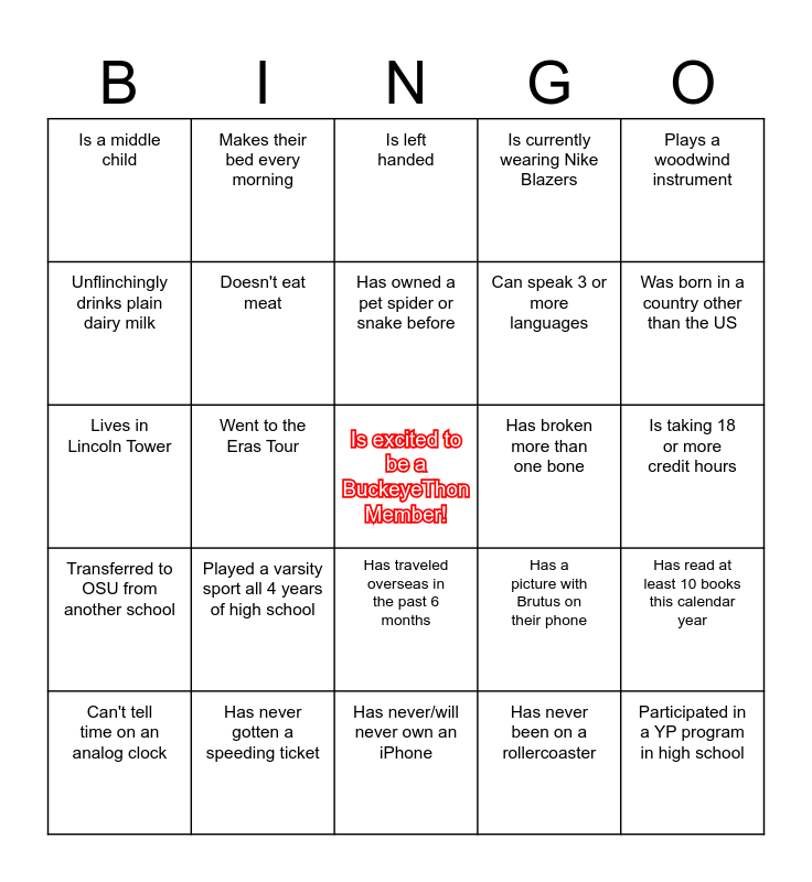 BUCKEYETHON BINGO! Bingo Card