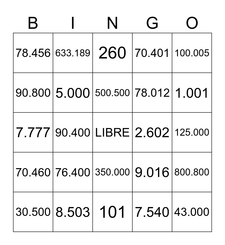 Bingo de 0 a un millón Bingo Card
