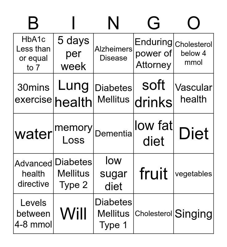 Chronic Disease Bingo Card