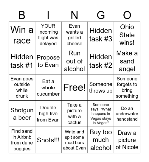 Evan's Bachelor Party Bingo Card