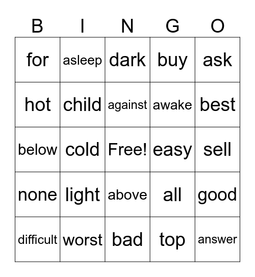 Opposites Bingo Card