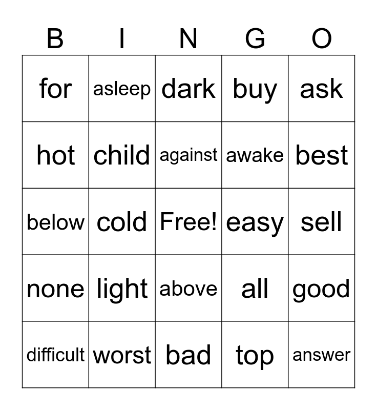 Opposites Bingo Card