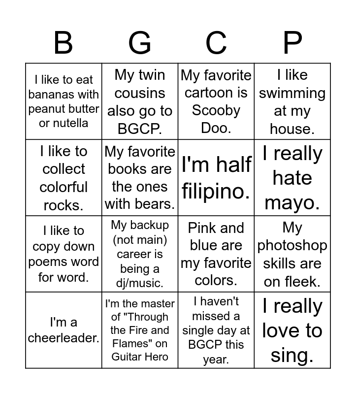 How well do you know our BGCP members? Bingo Card