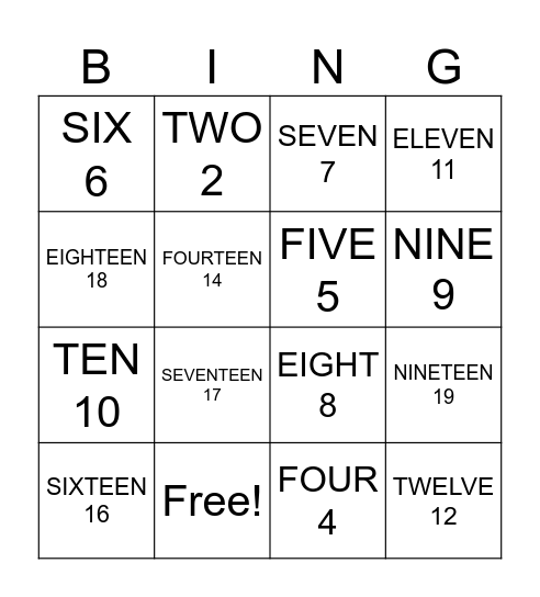 BINGO! NUMBERS 1-20 Bingo Card