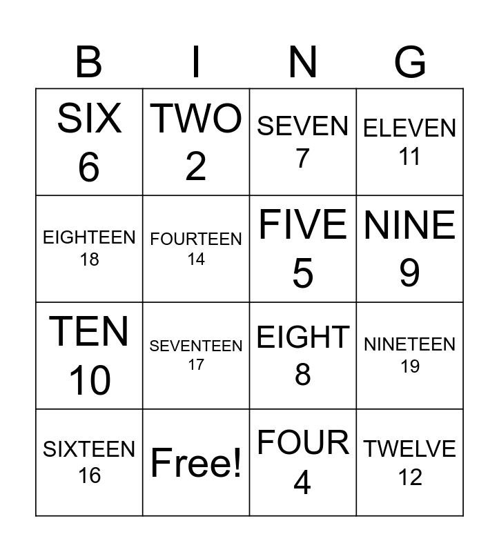 BINGO! NUMBERS 1-20 Bingo Card