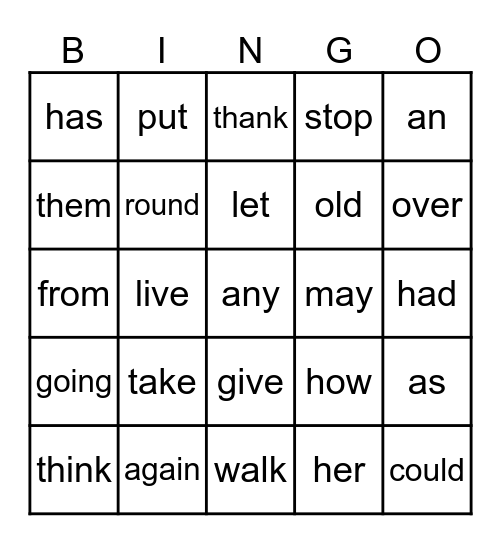 Sight Word Bingo Card