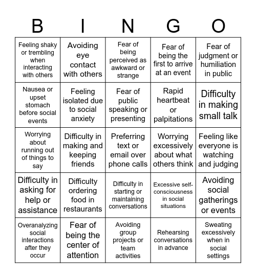 Social Anxiety Bingo Card