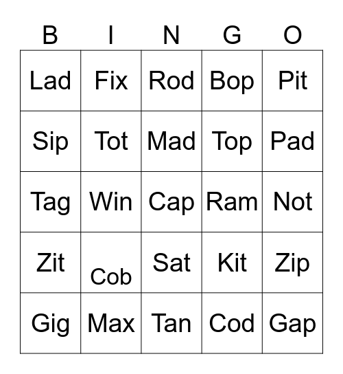 Short A, I, or U Bingo Card
