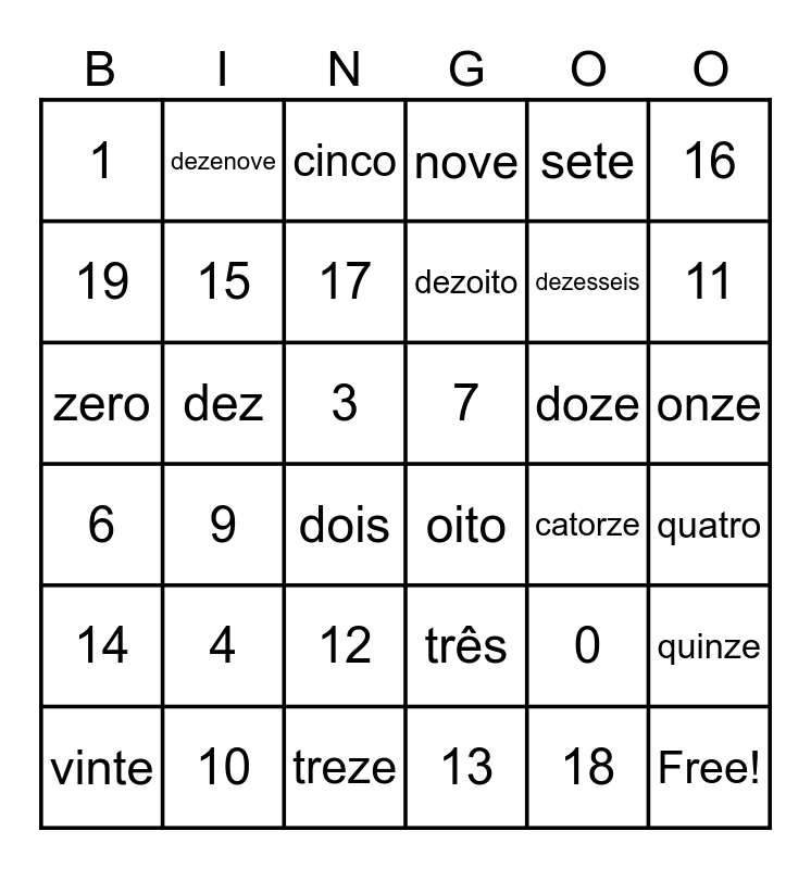 Bingo dos Números em Português Bingo Card