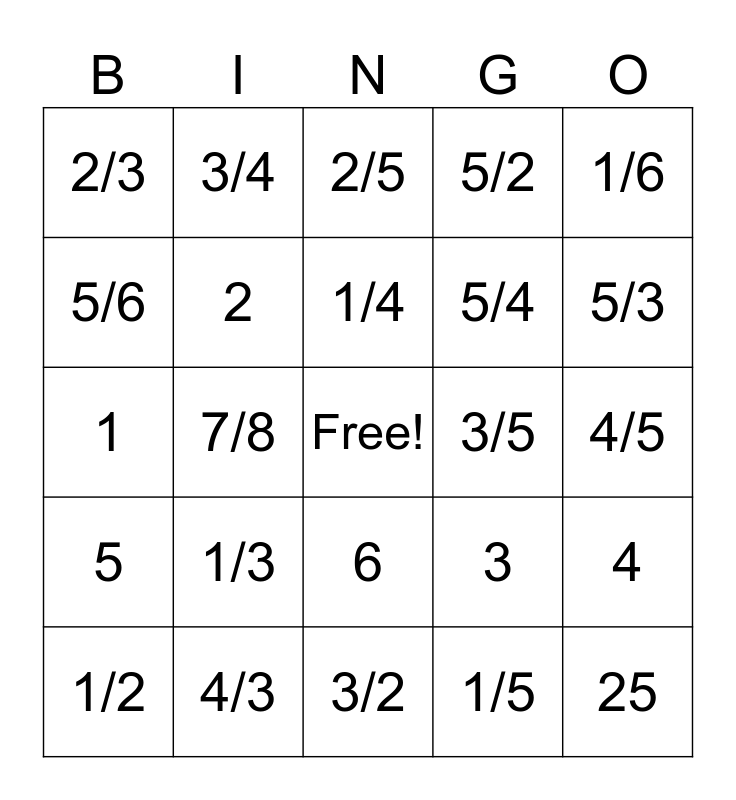 Ratio Bingo Card