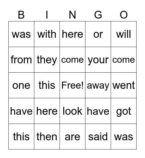 High Frequency Word Bingo Card