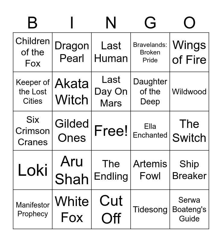 Fantasy, Science Fiction, and Dystopian Bingo Card