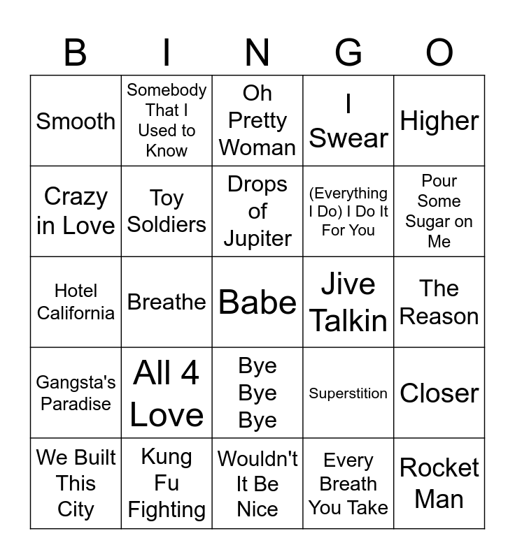 Best Songs of Every Decade Bingo Card