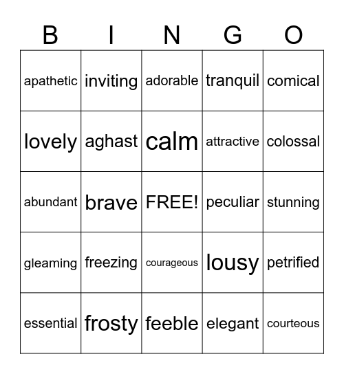 Adjectives Bingo Card