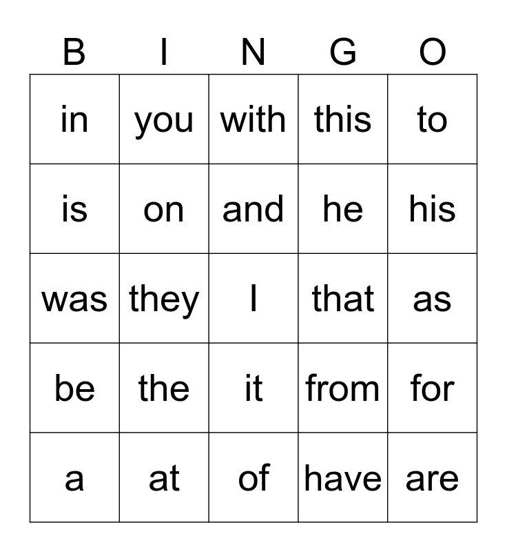 Fry Sight Words 1-100 Bingo Card