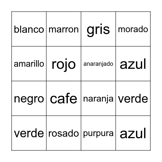Los colores Bingo Card
