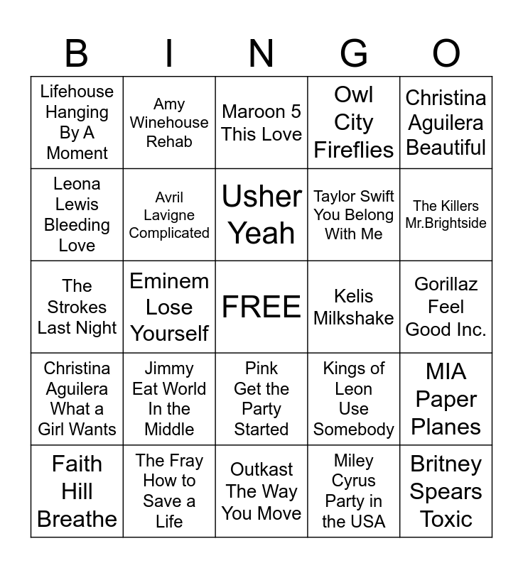 2000s Music Bingo Game 24 Bingo Card