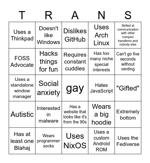 Transfem Compsci Bingo Card