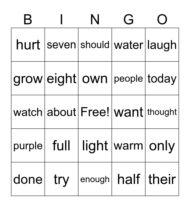Lexia - Sight Words 5 Bingo Card
