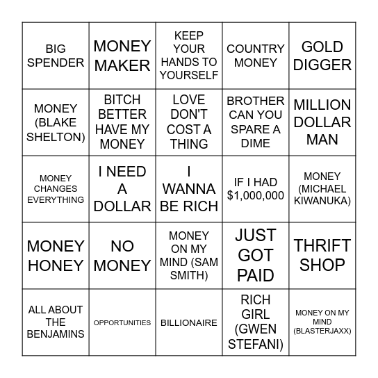 MONEY Bingo Card