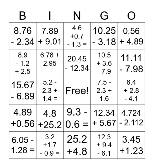 Adding and Subtracting Decimals Bingo Card