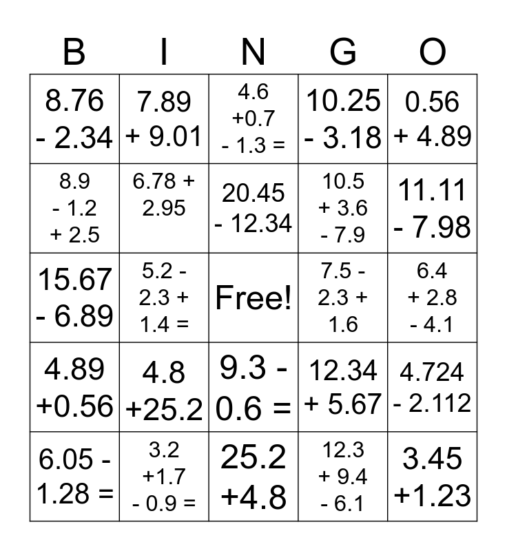 Adding and Subtracting Decimals Bingo Card