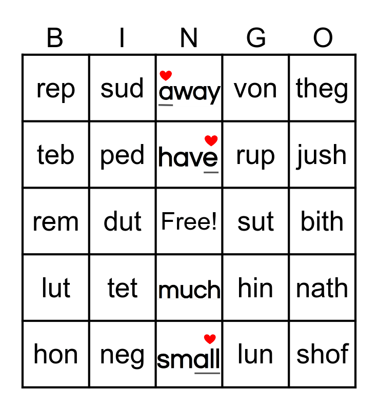 Alt Unit 2 NS Closed and Heart Words Bingo Card