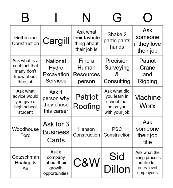 Anbe Events Career Fair Bingo Card