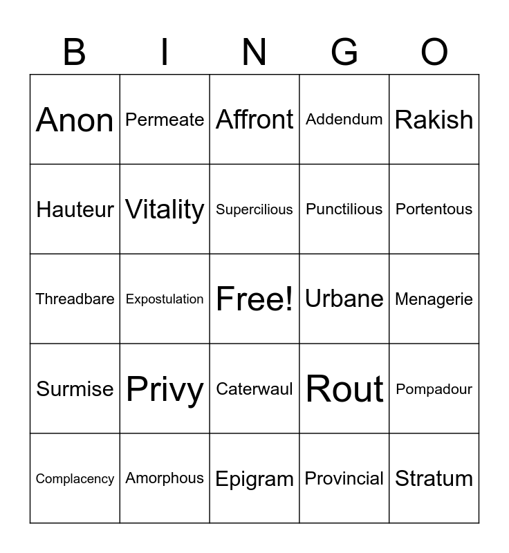 Gatsby Vocab Bingo Card